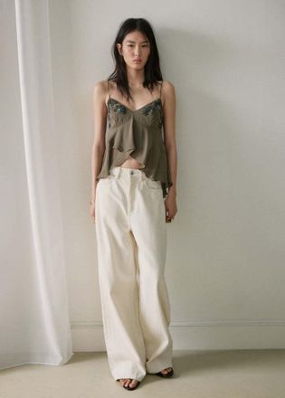 Mango Top &agrave; appliqu&eacute;s brod&eacute;s vert - Femme - S - MANGO