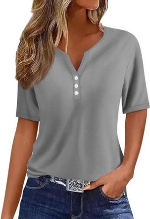 Generic Tee Shirt Femme Col V T-Shirt Manches Courtes Haut Ete Basique Top Elegant avec Bouton