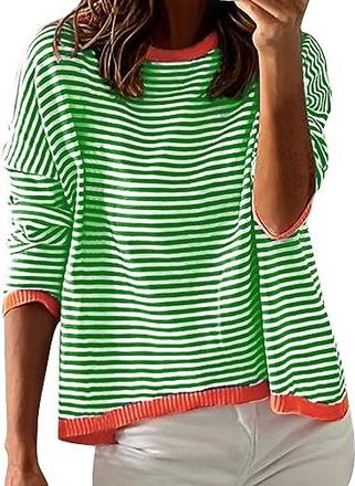 Generic Joli tricot pour femme - Pull tricot&eacute; &agrave; rayures contrast&eacute;es - &Eacute;paules tombantes - Manches longues - Pull thermique d&eacute;contract&eacute; pour homme, Vert, XXL