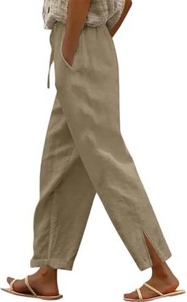 Generic Pantalon d&eacute;t&eacute; 7/8 pour femme - L&eacute;ger - Avec cordon de serrage et poches - Pantalon en coton et lin - Pantalon &eacute;l&eacute;gant et a&eacute;r&eacute; - D&eacute;contract&eacute; - Conforta