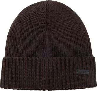 HUGO BOSS Strickmütze aus Schurwolle im Rippstrick mit Leder-Patch in