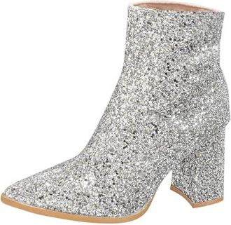 Generic Bottines &agrave; paillettes pour femme avec strass et talons &eacute;pais avec fermeture &eacute;clair lat&eacute;rale, bout rond, talon bloc bas, court, habill&eacute;, confortable, d