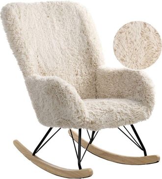 Beliani Fauteuil &agrave; Bascule Moderne en Tissu Fausse Fourrure Pieds en Bois Meuble Chambre Enfant Beige Clair Akra