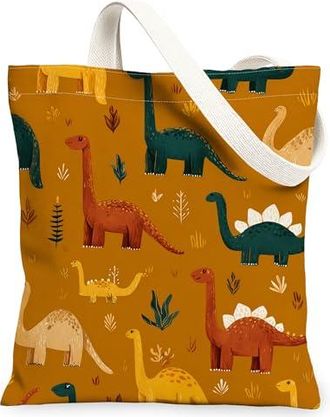 Generic Sac fourre-tout en toile avec motif dinosaure, imprim&eacute; animal pr&eacute;historique, sacs d&eacute;picerie r&eacute;utilisables, l&eacute;gers et lavables avec bandouli&egrave;re, marron