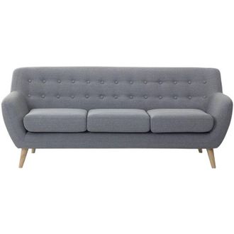 Beliani 3-Sitzer Sofa Grau Stoffbezug mit Hellen Holzbeinen Armlehnen Knopfheftung Lose Sitzkissen Retro Design Wohnzimmer Polstersofa