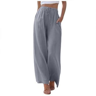 Generic Pantalon palazzo taille haute en lin pour femme, pantalon dété décontracté avec cordon de serrage et poches, gris, XXL
