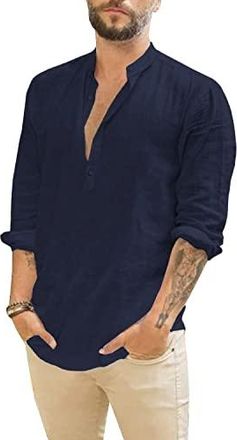 ORANDESIGNE Homme Chemise D&eacute;contract&eacute; Solid Manches Longues Respirant Chemise Col V Shirt Haut D&eacute;t&eacute; Casual L&acirc;che Tops Vintage Ample A Bleu Marine XS