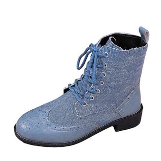 Generic Bottes &agrave; lacets d&eacute;contract&eacute;es en denim pour femme - &Eacute;l&eacute;gantes - Patchwork - Antid&eacute;rapantes - Classique - Talon bas et &eacute;pais - Confortables - Pour laut