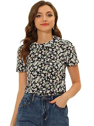 Allegra K Chemisier Floral Femme Rétro À Col Claudine Et Manches Courtes T-Shirts DÉté Casuel Boutonnage Noir XS