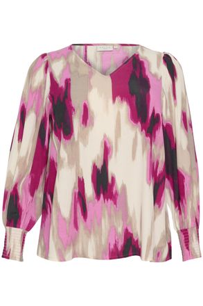 Kaffe Curve Kaffe Curve Damen Plus Size Womens V-Ausschnitt und Langen &Auml;rmeln, Casual Fit Ruchings Bluse, Pink Abstract Print, 42/Grande Taille