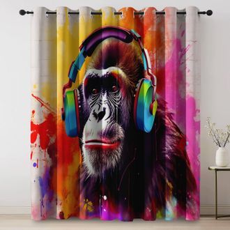 Generic Bunt Verdunkelungsvorh&auml;nge H245&times;B145 cm Verdunkelungsvorhang mit &Ouml;sen, Graffiti Abstrakt AFFE Kopfh&ouml;rer Weiche Vorh&auml;nge f&uuml;r Wohnzimmer, Schlafzimmer u