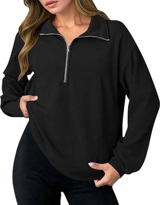 Generic Sweat-shirt en tricot &agrave; manches longues avec fermeture &eacute;clair pour femme - L&eacute;ger - Avec poches, Noir, XXL