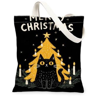 Generic Sacs fourre-tout en toile avec motif chat de No&euml;l, motif f&eacute;lin mignon, sacs d&eacute;picerie r&eacute;utilisables, confortables, l&eacute;gers et lavables avec bandouli&egrave;re