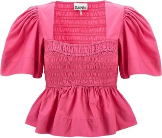 Ganni Gekr&auml;uselter Kurz-Smock-Top mit Rundhalsausschnitt - - Blouses & Shirts - Damen - Rosa - 2XS
