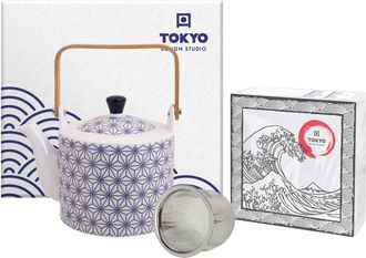 Tokyo Design Studio Nippon Blue Tee-Kanne blau-weiß, 1,3 Liter, asiatisches Porzellan, Japanisches Design, inkl. Geschenkverpackung