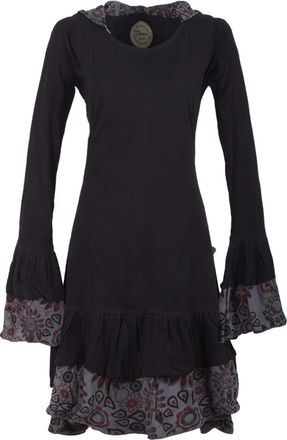 vishes Alternative Bekleidung - Lagenlook Langarm Elfenkleid mit Zipfelkapuze und R&uuml;schen schwarz 46/48