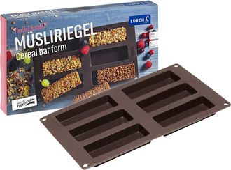 Lurch FlexiForm Müsliriegel 6Fach / Backform aus 100% BPA-freiem Platin Silikon ideal zur Herstellung von Müsliriegeln und Dubai Schokolade, Braun, 3 x 30 x