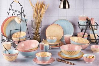 Bj&ouml;rn Borg PATTERN Porzellan Geschirr-Set SR-COC26 BJORN 42-teilig f&uuml;r 6 Personen, Hellblau/Rot/Gelb, Sp&uuml;lmaschinen- und Mikrowellengeeignet