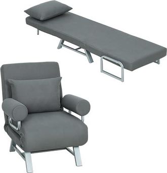 HOMCOM Fauteuil-lit 3-en-1 avec Dossier inclinable &agrave; 5 Niveaux et Coussin suppl&eacute;mentaire, Fauteuil Moderne en Tissu Effet Lin et m&eacute;tal, 73x78x81 cm, Gris fon