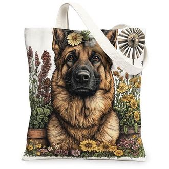 Generic Sac fourre-tout en toile motif chien berger allemand printanier pour faire du shopping, 33 x 38,1 cm, sac d&eacute;picerie r&eacute;utilisable pour femme, ferme, an