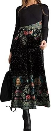 Onsoyours Femme Manches Longues Décontracté Imprimé Floral Robe Trapèze Mi Longue Vintage Robe à Taille Imprimée A5 XL