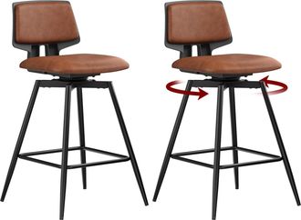 Woltu Barhocker 2er Set, Barstuhl 360&deg; drehbar, K&uuml;chenhocker mit R&uuml;ckenlehne Fu&szlig;st&uuml;tze, f&uuml;r K&uuml;che Bar Restaurant, Metallrahmen, aus Kunstleder, Braun