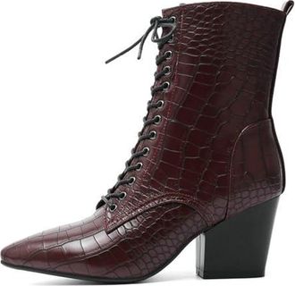 Generic Bottines &agrave; lacets pour femme &agrave; talon haut et bout pointu avec fermeture &eacute;clair lat&eacute;rale, rouge vin, 40.5 EU