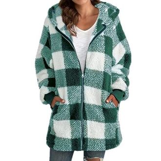 Generic Manteau &agrave; capuche surdimensionn&eacute; &agrave; carreaux pour femme, manteau d&eacute;contract&eacute; en polaire pelucheuse avec fermeture &eacute;clair pour lautomne et lhiver avec p