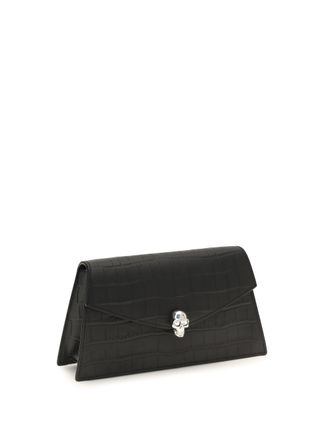 Alexander McQueen Womens Mini Skull Clutch Black-Silver Calf Leather Bos Taurus Clutches Black/silver