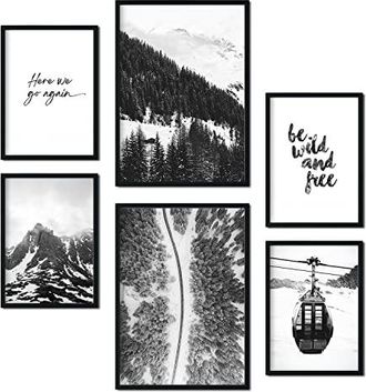 Nacnic Ensemble de 6 Posters d&eacute;coratifs noir et blanc - D&eacute;coration murale salon, chambre, chambre &agrave; coucher - Neige, hiver, nordique, moderne - A4 et A5. Non