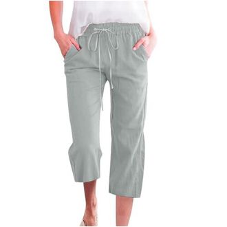 Generic Pantalon capri en lin pour femme - Style d&eacute;contract&eacute; - Avec cordon de serrage - Taille &eacute;lastique - Jambe large - Avec poches, Vert haricot., 3XL