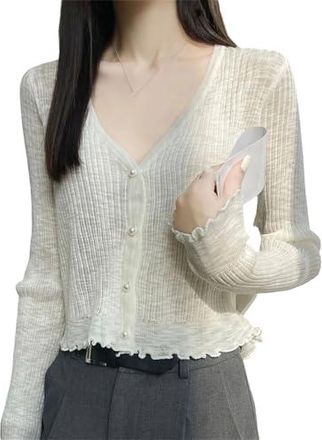 Generic Pull en soie pour femme avec col en V et dentelle Style court D&eacute;contract&eacute; Doux Slim Tops, Blanc, XS