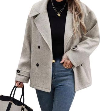 Generic Manteau court en laine m&eacute;lang&eacute;e &agrave; double boutonnage avec col &agrave; revers et poches pour femme, kaki, XXL