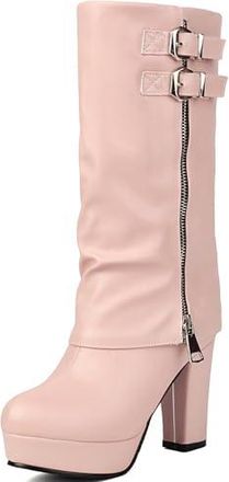 SJJH Bottes mi-longues Design unique | Bottes pour femmes par temps frais, talon 9,5 cm, fermeture &eacute;clair lat&eacute;rale, confortables, Rose, 36 EU