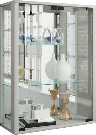 VCM Glasvitrine h&auml;ngend | Vitrine Glas mit ESG-Sicherheitsglas | Modern und platzsparend | Wohnzimmer | H. 80 x B. 60 x T. 25 cm | Silber | Udina Spiegel