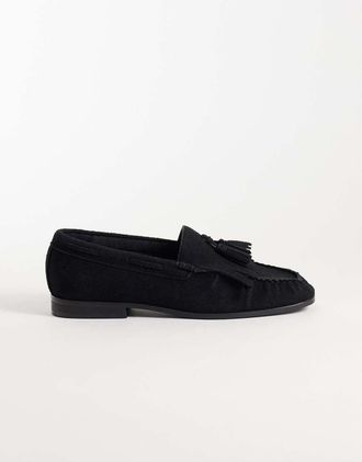 Asos Pennyloafer mit Fransen und geraffter Vorderpartie in schwarzem Wildledermix