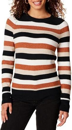 Amazon Essentials Chandail à Manches Longues et col Rond pour Femme, Coupe Classique, Doux au Toucher et col Rond, Noir Marron, Rayures Rugby, Taille XXL