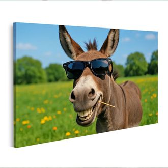 Islandburner Prime Bild auf Leinwand Esel mit Sonnenbrille auf Wiese Schwanz wedelnd und Blumen - Leinwand 100x57cm