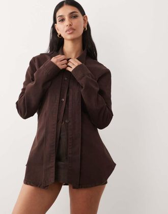 Asos Jeanshemd in Schokoladenbraun mit Bindedetail am Ausschnitt-Brown