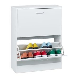 Relaxdays Schuhschrank, HxBxT: 79 x 60 x 24 cm, für 12 Paar, 2 Klappen, schmaler Schuhkipper, Flur Schuhkommode, weiß