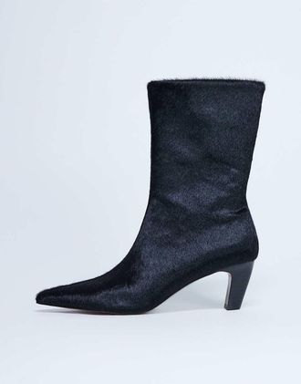 Topshop Poppy - Bottines à bout pointu en cuir véritable effet poils de cheval - Noir