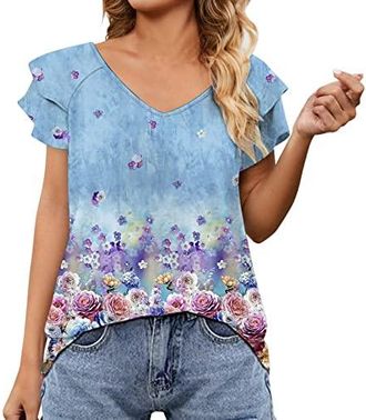 Generic T-shirt décontracté à manches courtes et col en V pour femme et fille - Haut dété tendance - Haut ample et décontracté - Haut en aluminium, bleu clair