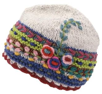 Guru Shop Bonnet en laine coloré avec broderie florale sophistiquée - Bonnet dhiver pour homme/femme - Gris - Taille unique, gris clair, taille unique