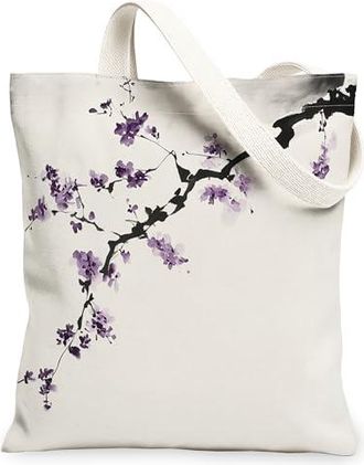 Generic Sac fourre-tout en toile lilas printanier pour le magasinage, 33 x 38,1 cm, encre chinoise, art floral, sac d&eacute;picerie r&eacute;utilisable, sac &agrave; bandouli&egrave;re 