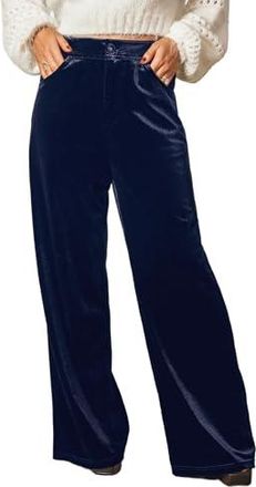 Cupshe Pantalon Palazzo en velours pour femme - Jambe large - Taille haute - Style d&eacute;contract&eacute; - Avec poches, bleu marine, L