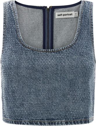 Self Portrait Femme, Tops, Bleu, Taille: 36 FR Haut Court en Denim Orn&eacute; de Strass