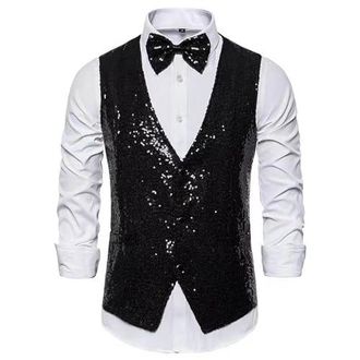 Generic Gilet lumineux pour homme | Gilet pour homme d&eacute;contract&eacute; dext&eacute;rieur l&eacute;ger Gilet professionnel formel et noeud papillon Ensembles gilet &agrave; paillettes &eacute;l
