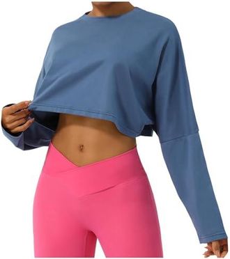 Generic 2026 - Sweat-shirt court Preppy à manches longues pour femmes, T-shirts courts athlétiques amples 2024, bleu, XL