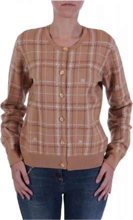 Elisabetta Franchi Femme, Pulls, Beige, Taille: 44 FR Veste &agrave; Carreaux avec Boutons Logo