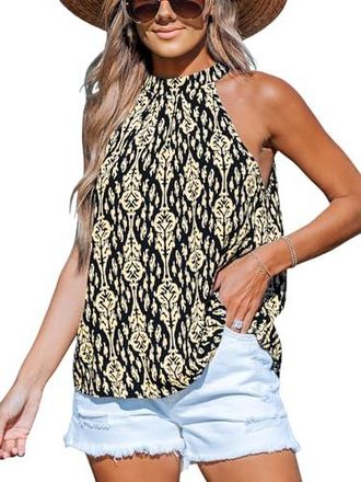 Cupshe Haut dos nu pour femme, col montant, sans manches, épaules dénudées, élégant, tunique, Noir/aspect ethnique, XL